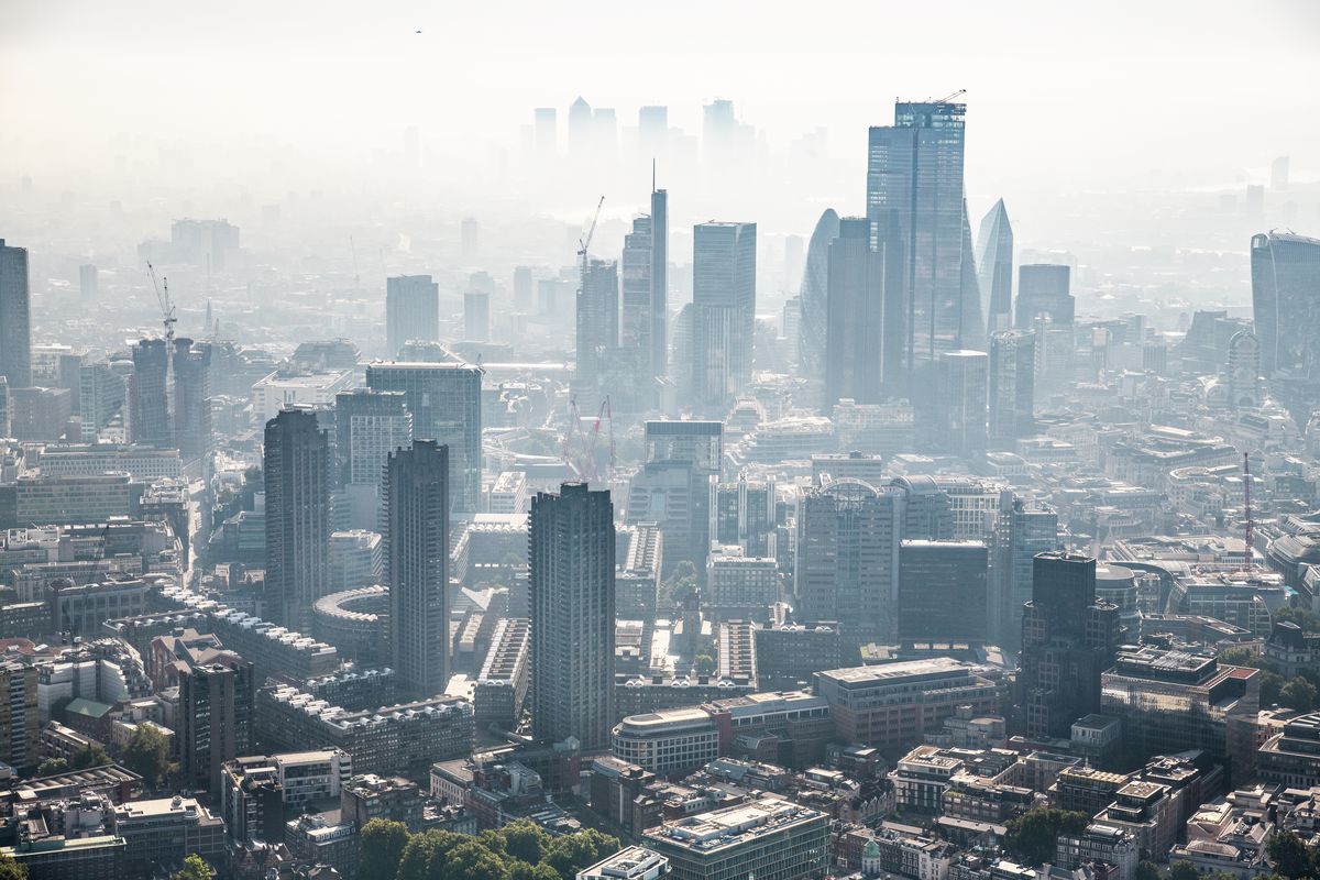 Dawn aerial view of the Barbican centre and City of London. 421253 ...